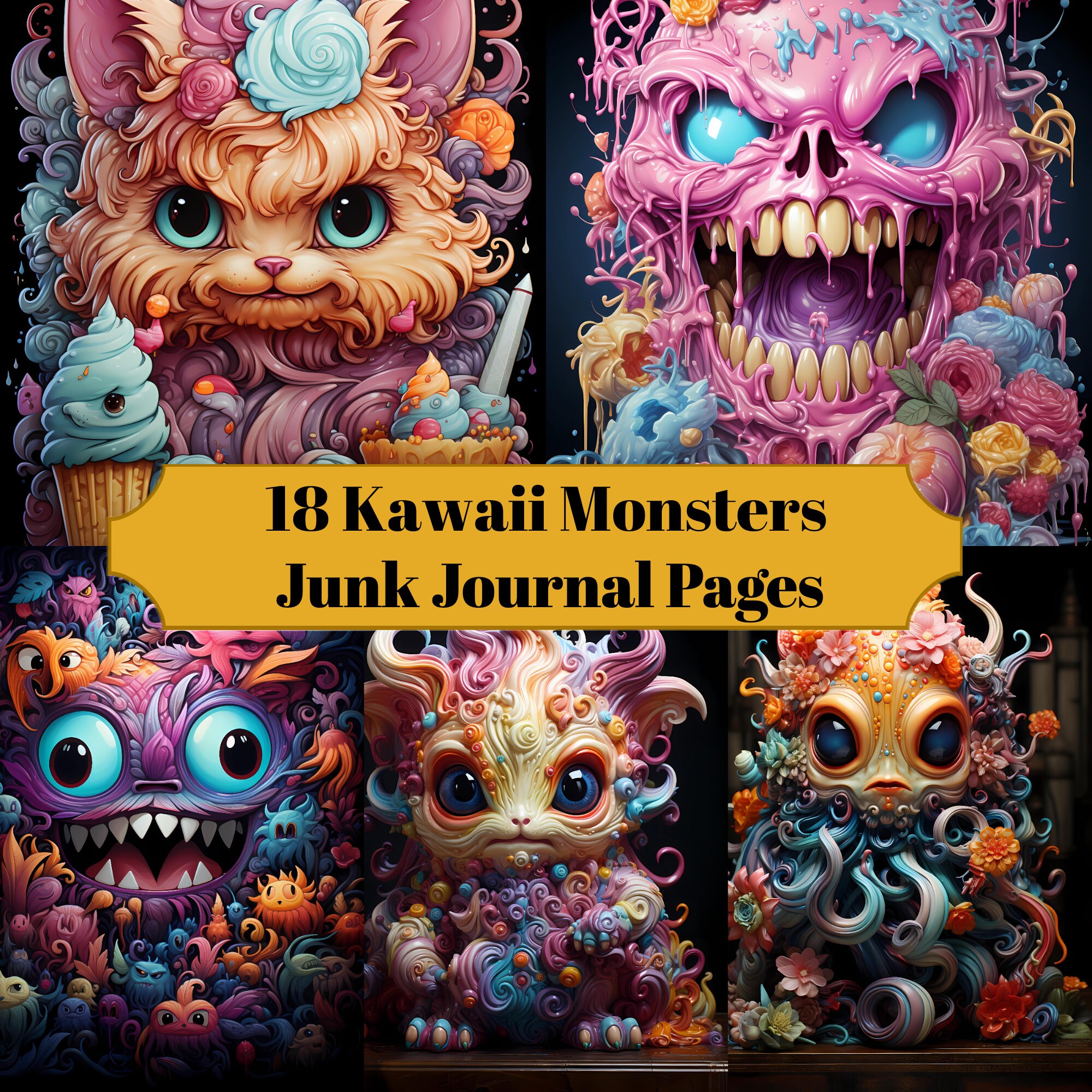 18 Kawaii Monsters Junk Journal Pages - Cute Junk Journal for Scrapbooks - Digital Download for ...