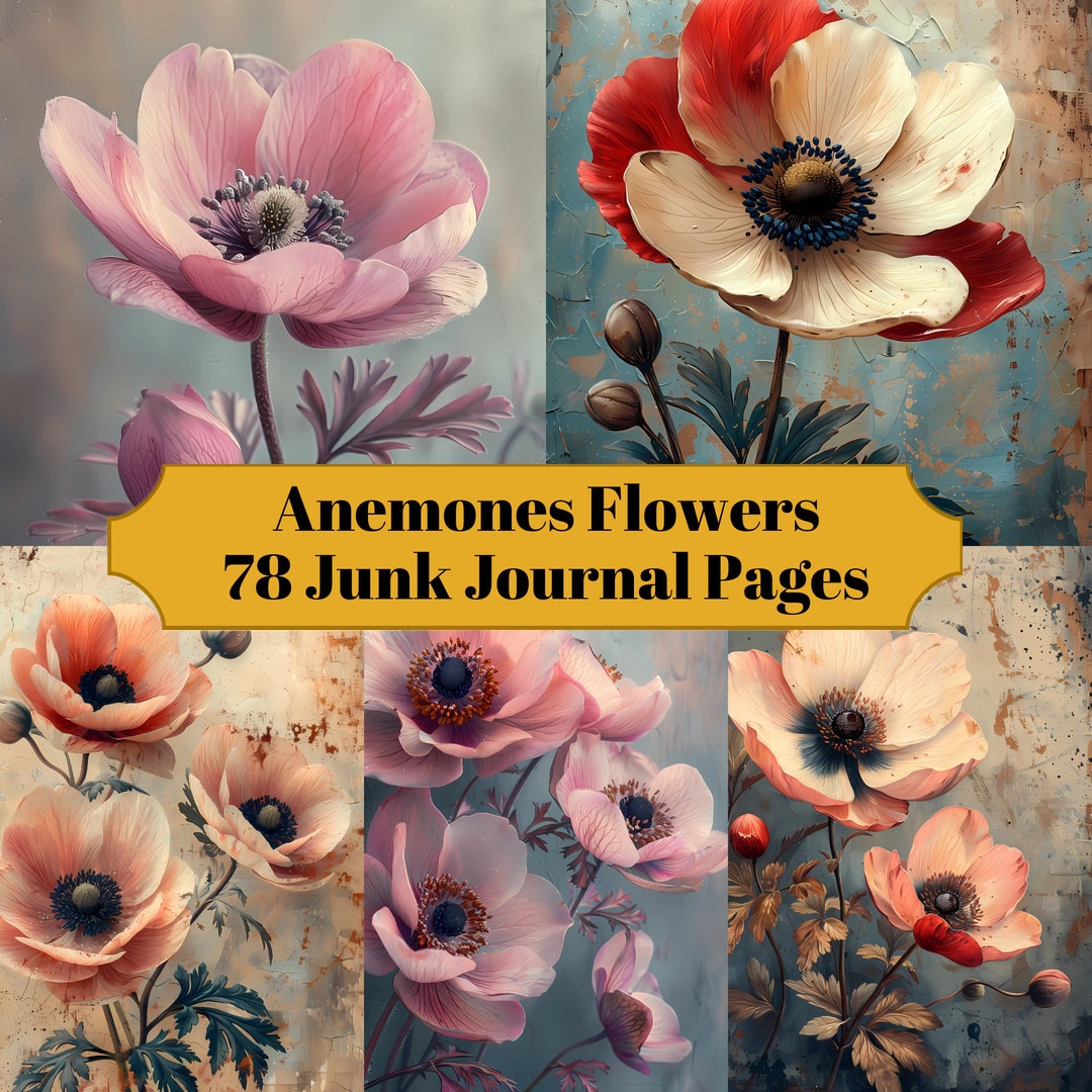 78 Anemones Flowers Journal Pages - Floral Junk Journal for Scrapbooks ...