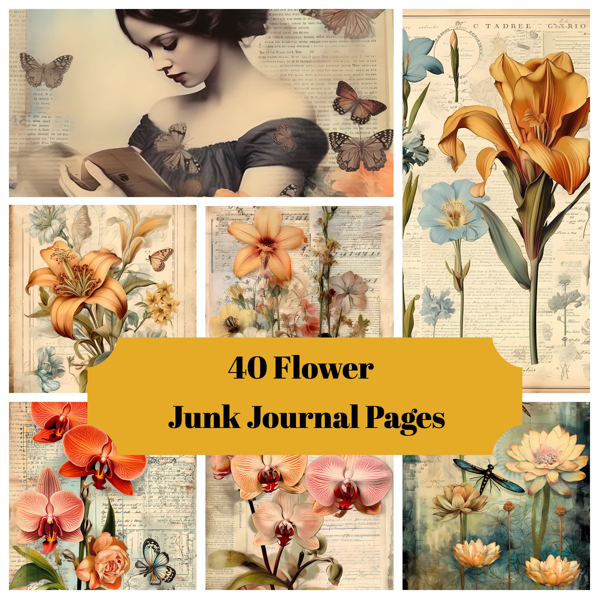 40 Flower Junk Journal Pages Printable Vintage Flower Junk Journal for ...