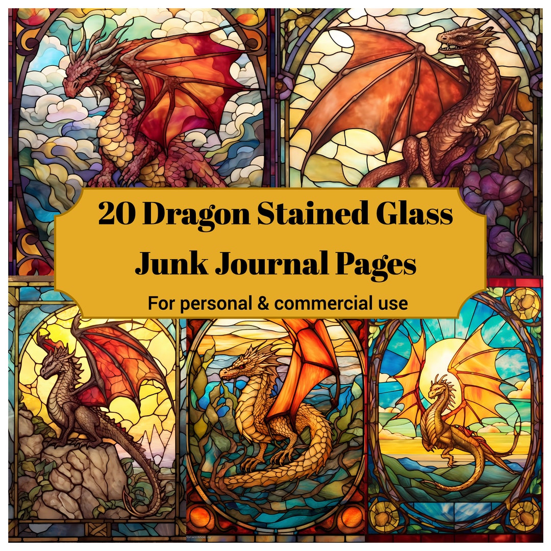 20 Dragon Stained Glass Junk Journal Pages - Printable Dragons Stained ...