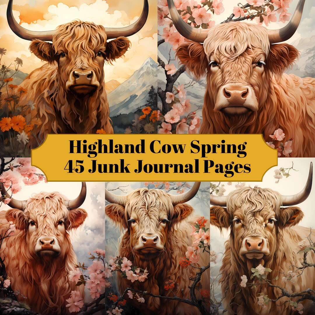 45 Highland Cow Spring Junk Journal Pages - Spring-themed Papers for ...