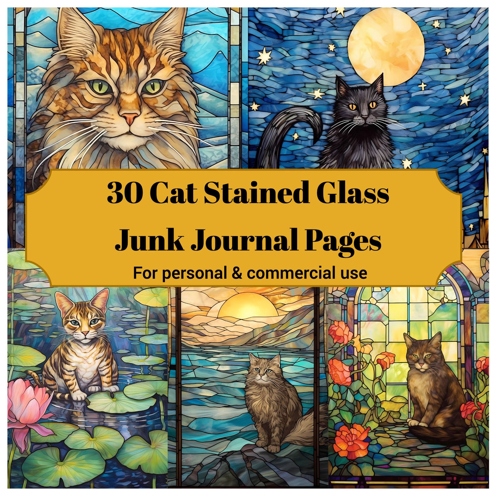 30 Cat Stained Glass Junk Journal Pages - Printable Cats Stained Glass ...