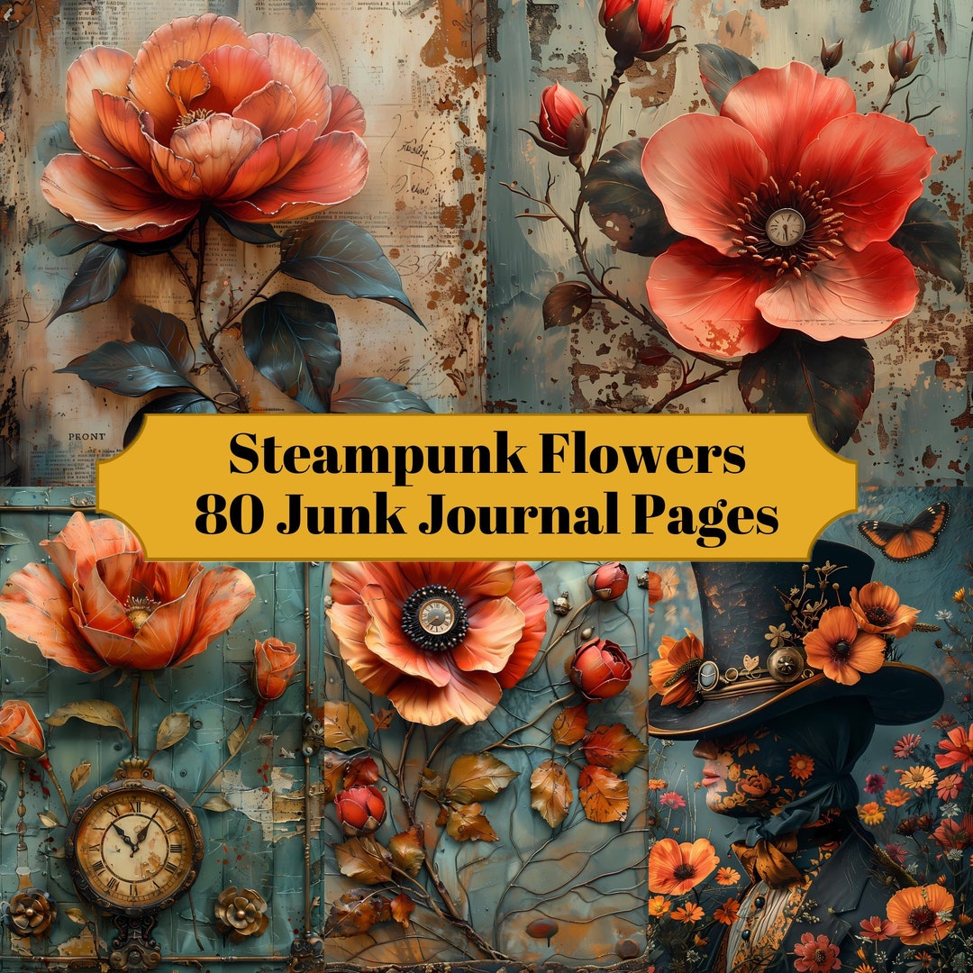 80 Steampunk Flowers Journal Pages - Floral Junk Journal for Scrapbooks ...