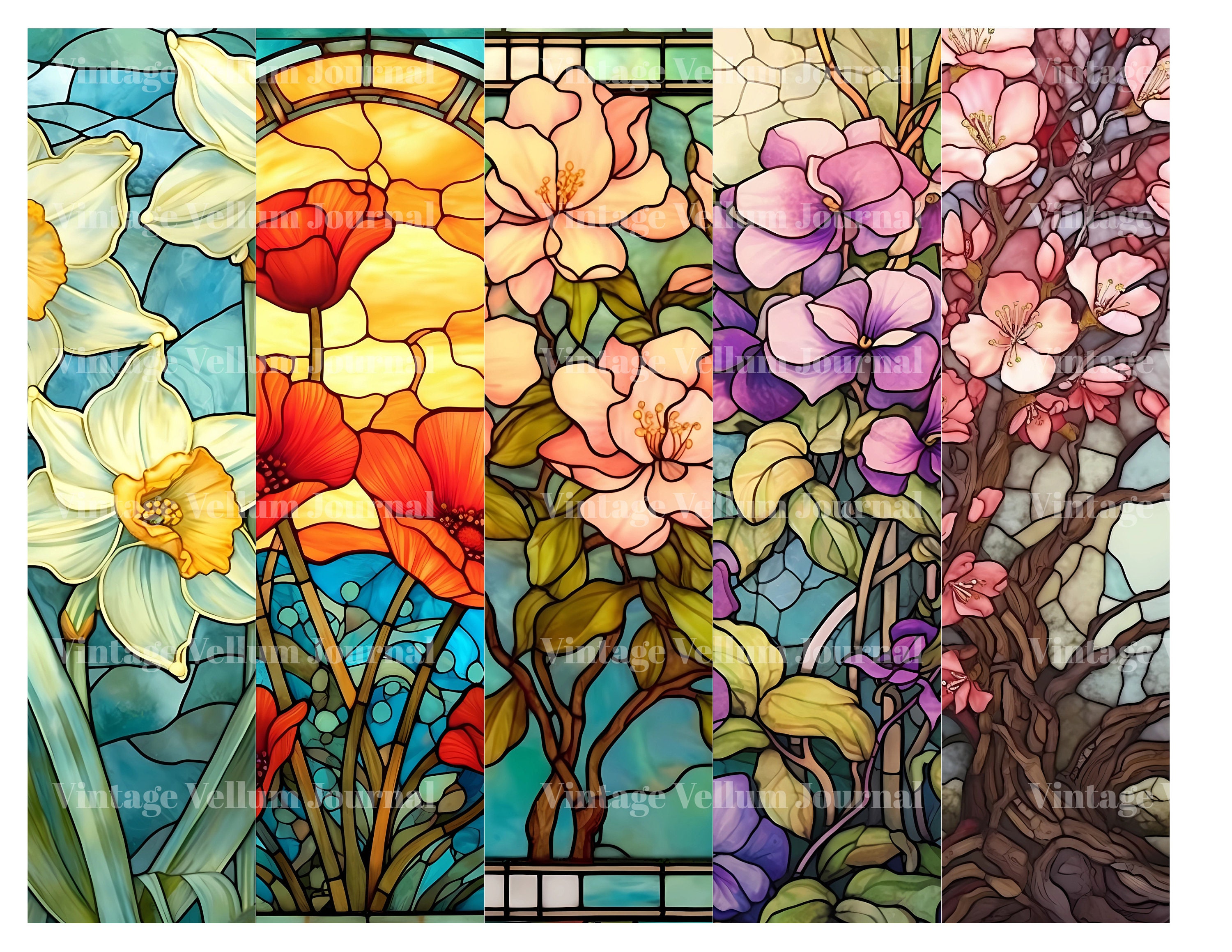 40 Flower Stained Glass Junk Journal Pages - Printable Floral Stained ...