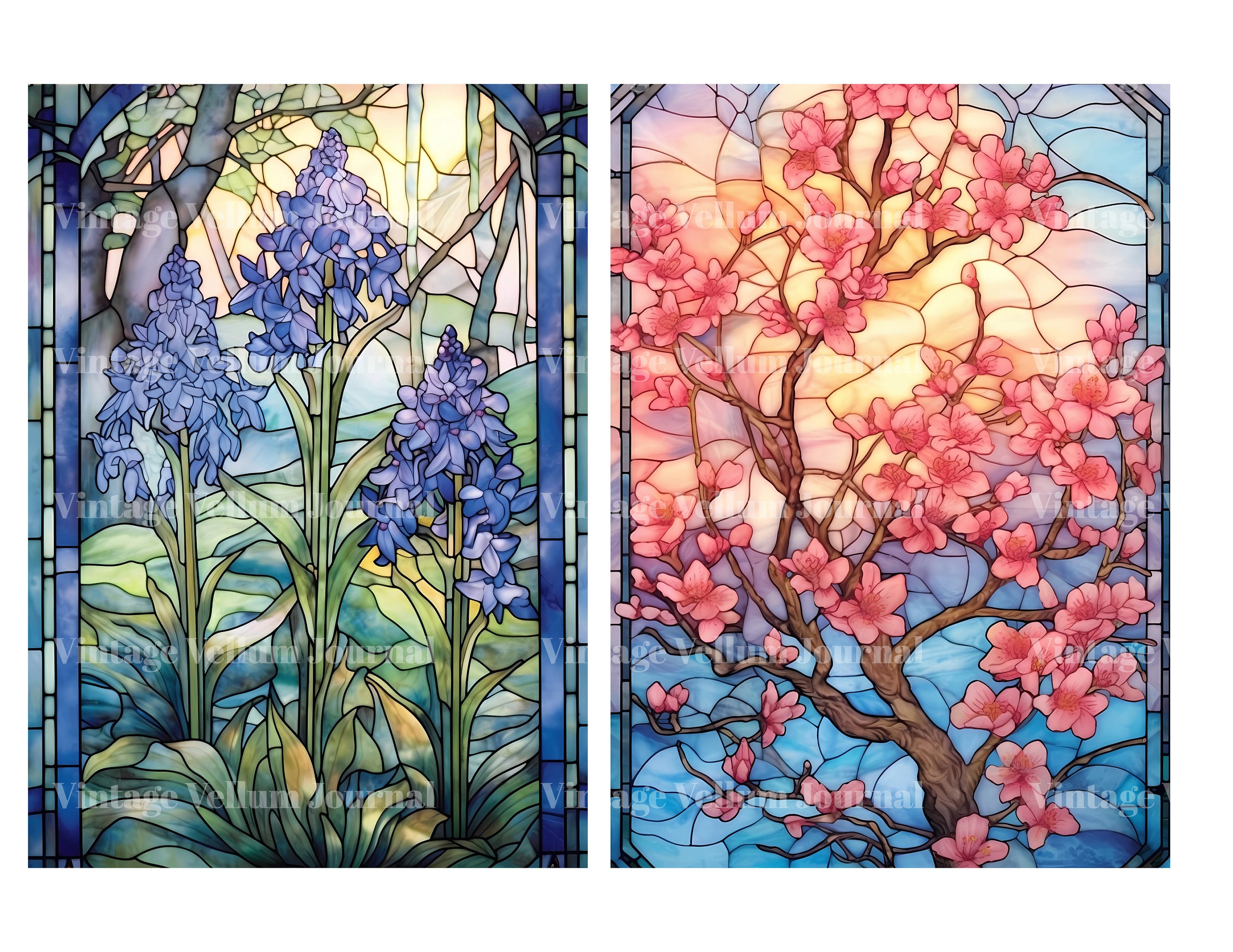 40 Flower Stained Glass Junk Journal Pages - Printable Floral Stained ...