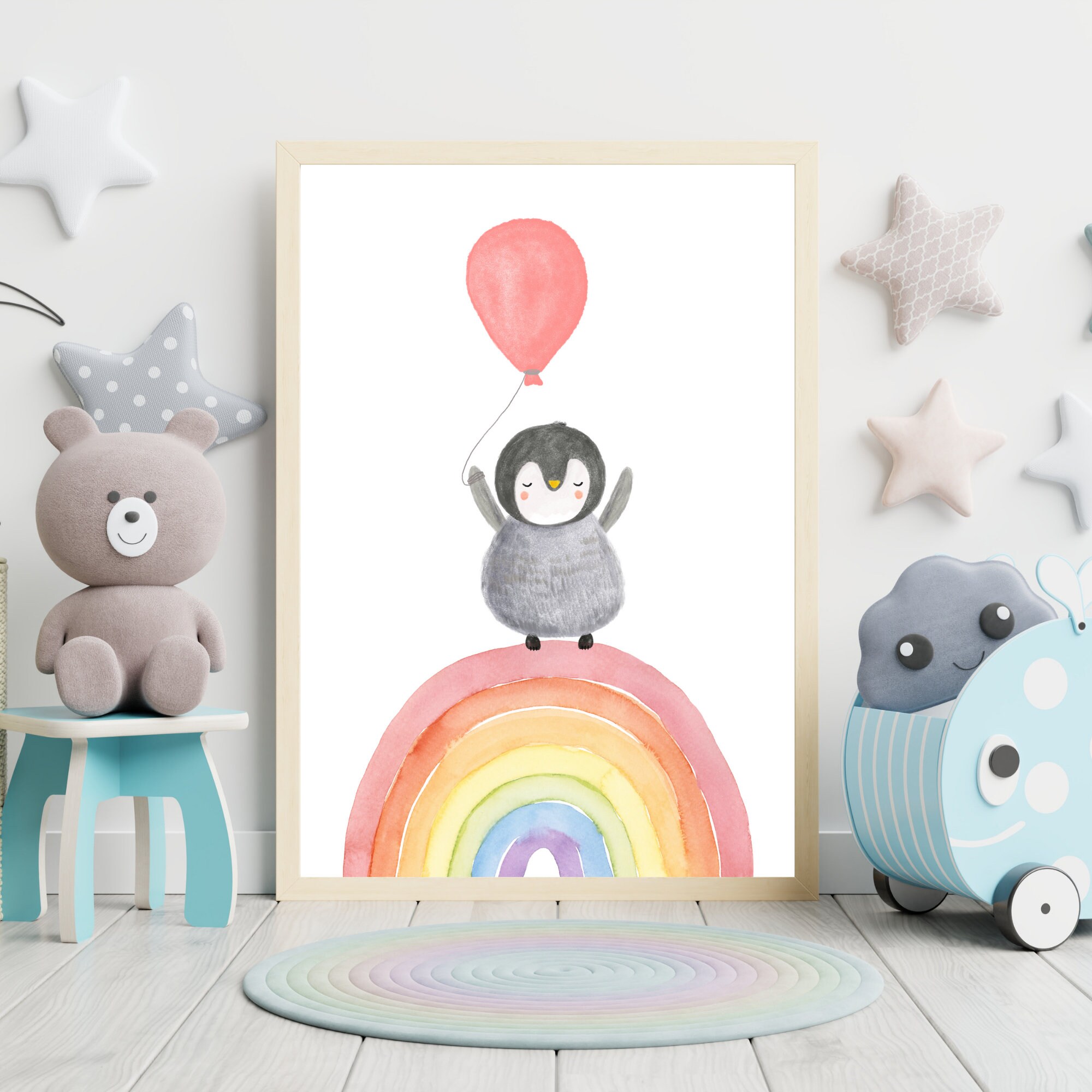 Personalized Penguin Nursery Print, Rainbow Baby Penguin Poster ...
