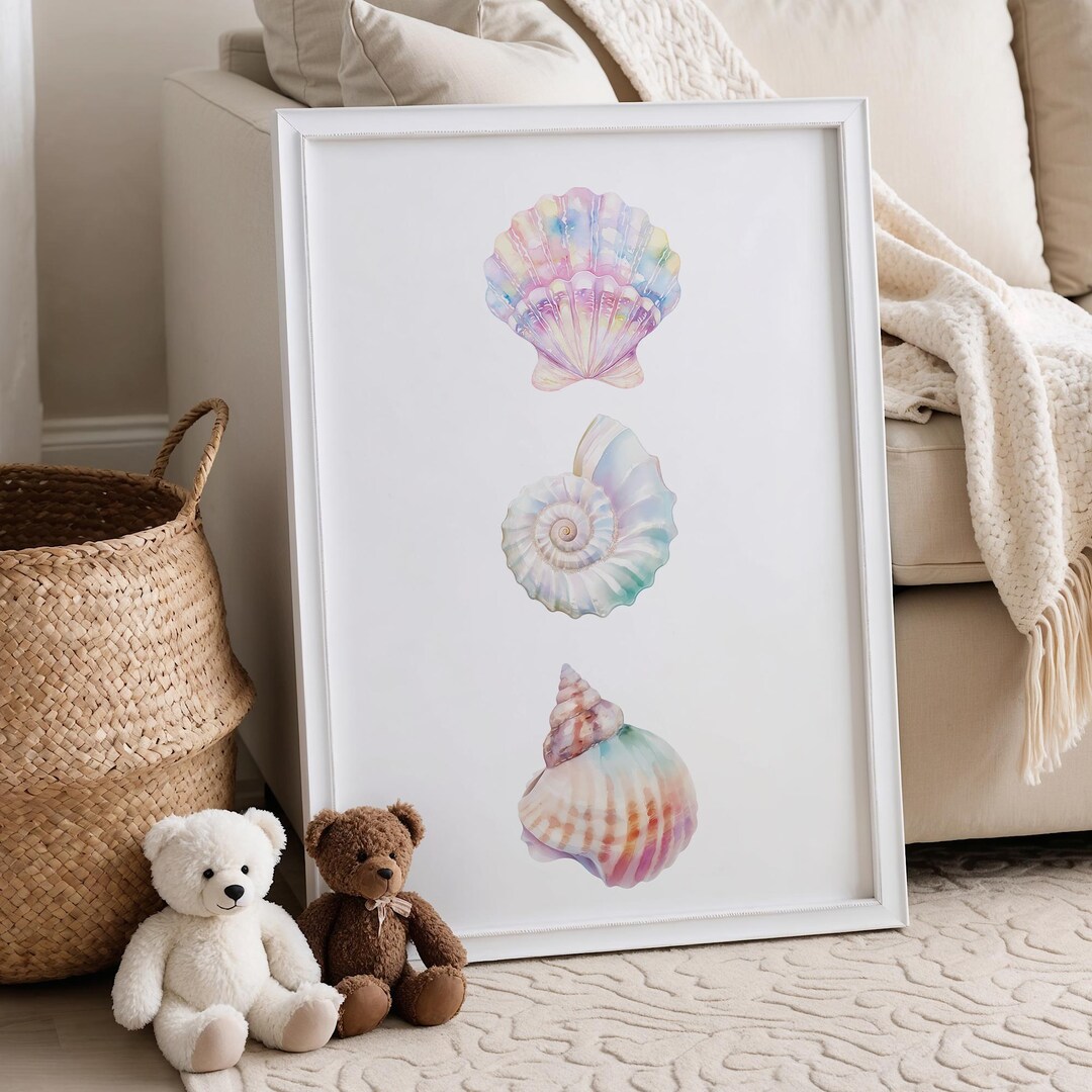 Pastel Seashell Wall Art, Coastal Nursery Decor, Watercolor Shell ...