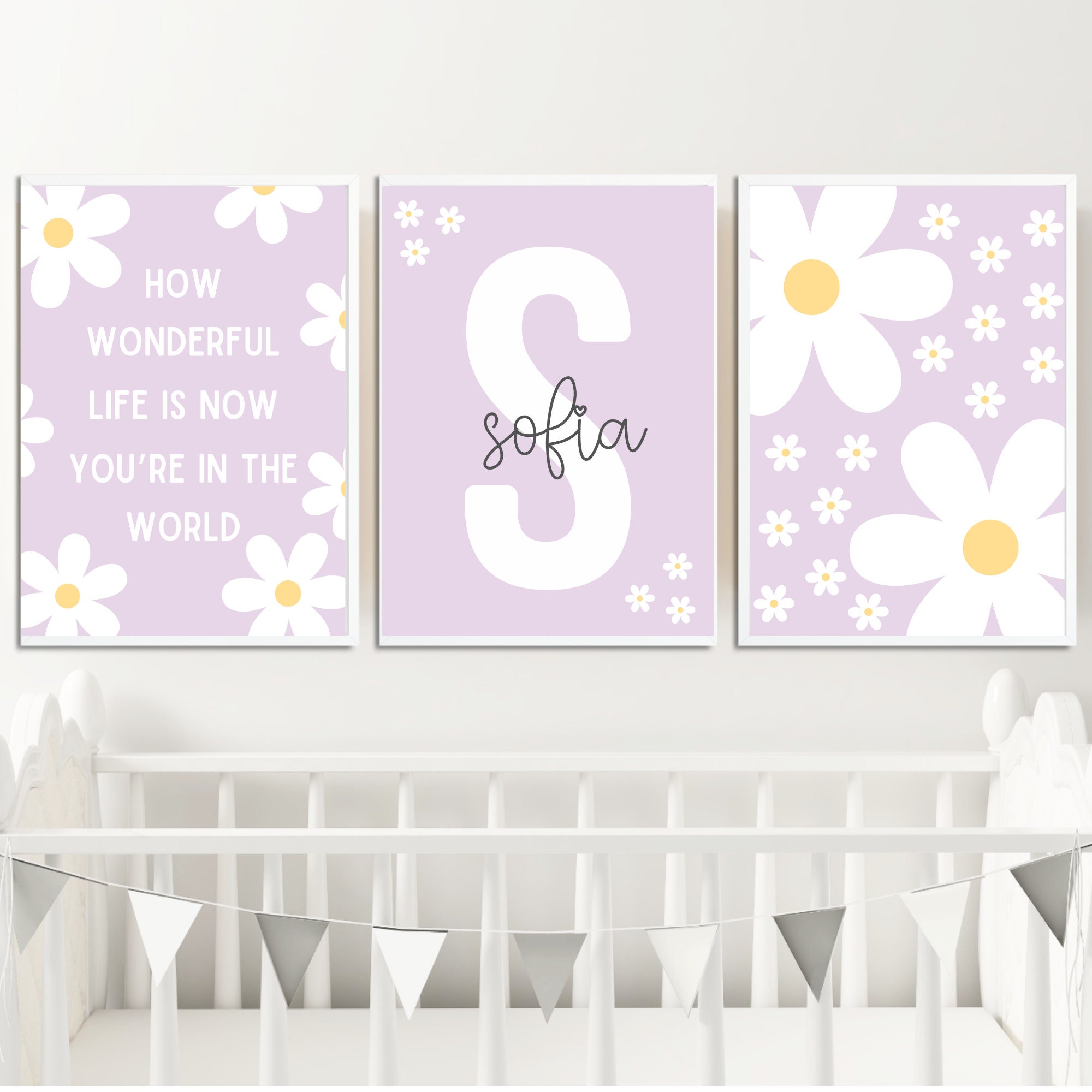 Daisy Print Set of 3, Daisy Wall Art, Daisy Room Decor, Purple Nursery ...