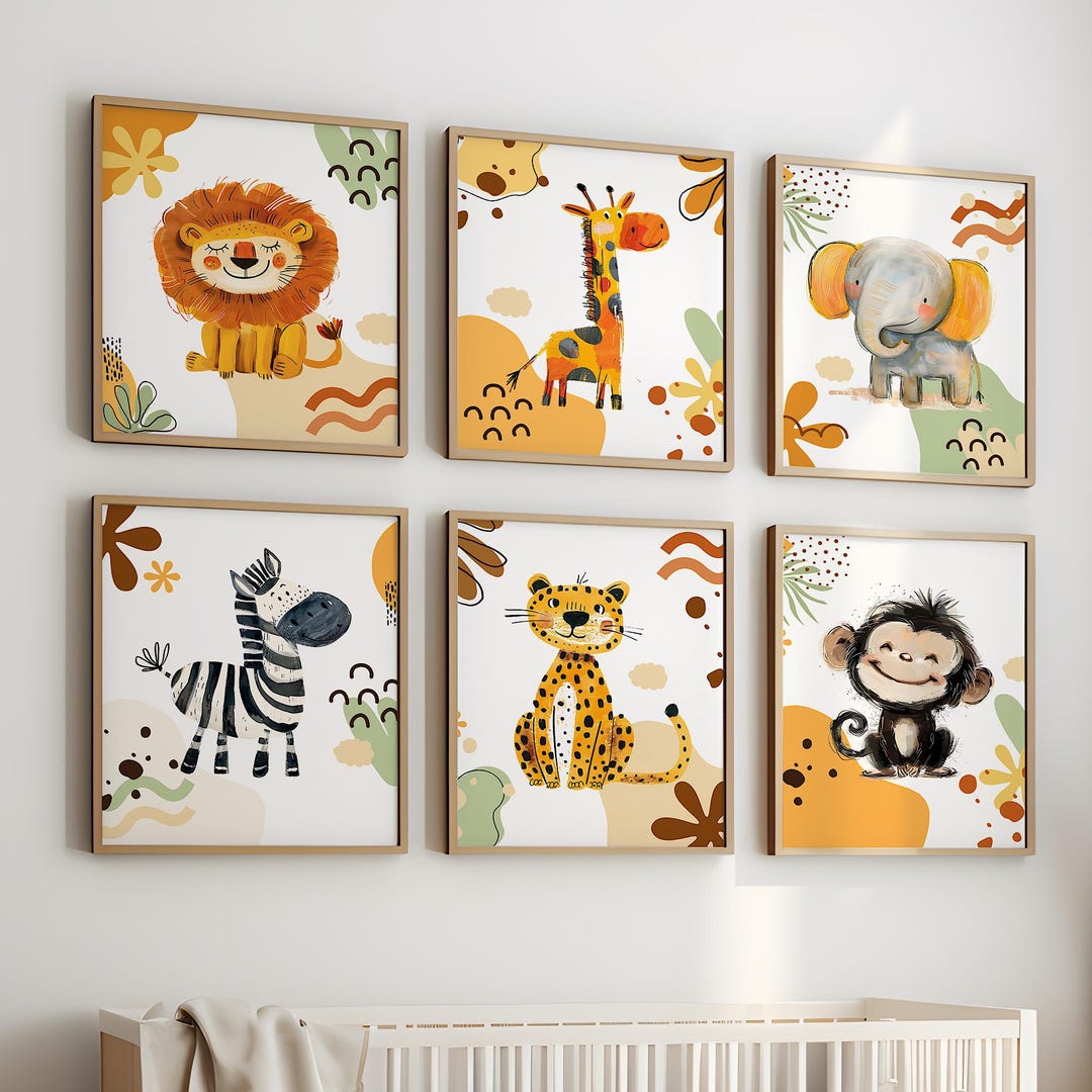 Set of 6 Safari Animal Nursery Prints, Jungle Baby Room Decor, Neutral ...