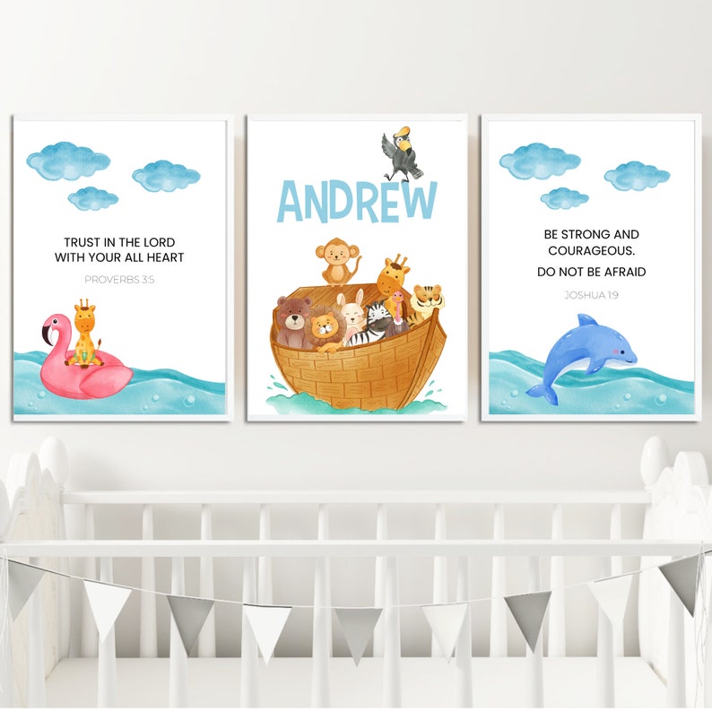 Set of 3 Christian Nursery Wall Art, Noahs Ark, Noahs Ark Nursery ...