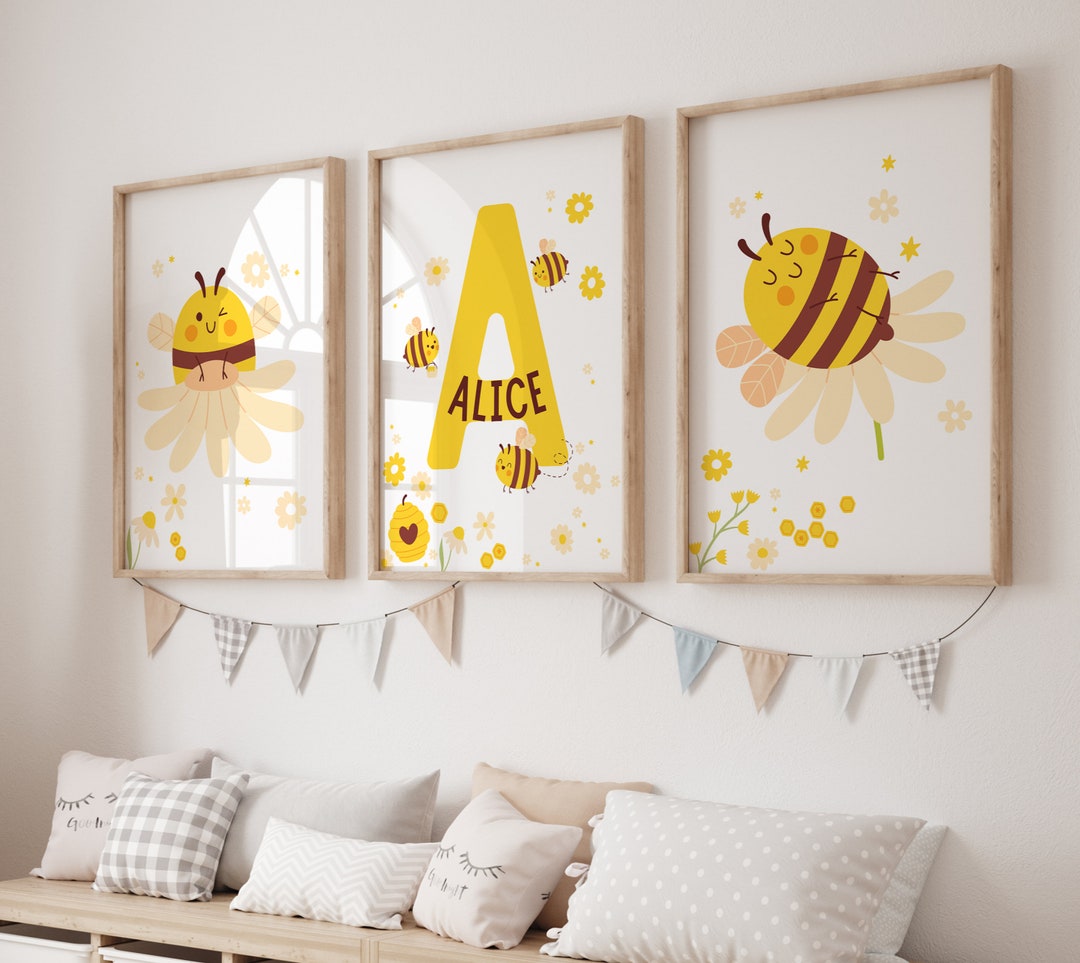 Bee Prints Nursery Wall Art, Bee Wall Art, Honey Bee Nursery, Bumblebee Decor, Girls Bedroom ...