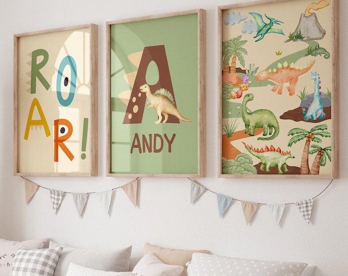 Sage Green Dinosaur Decor for Boys Room Set of 3 Prints Dino Poster ...