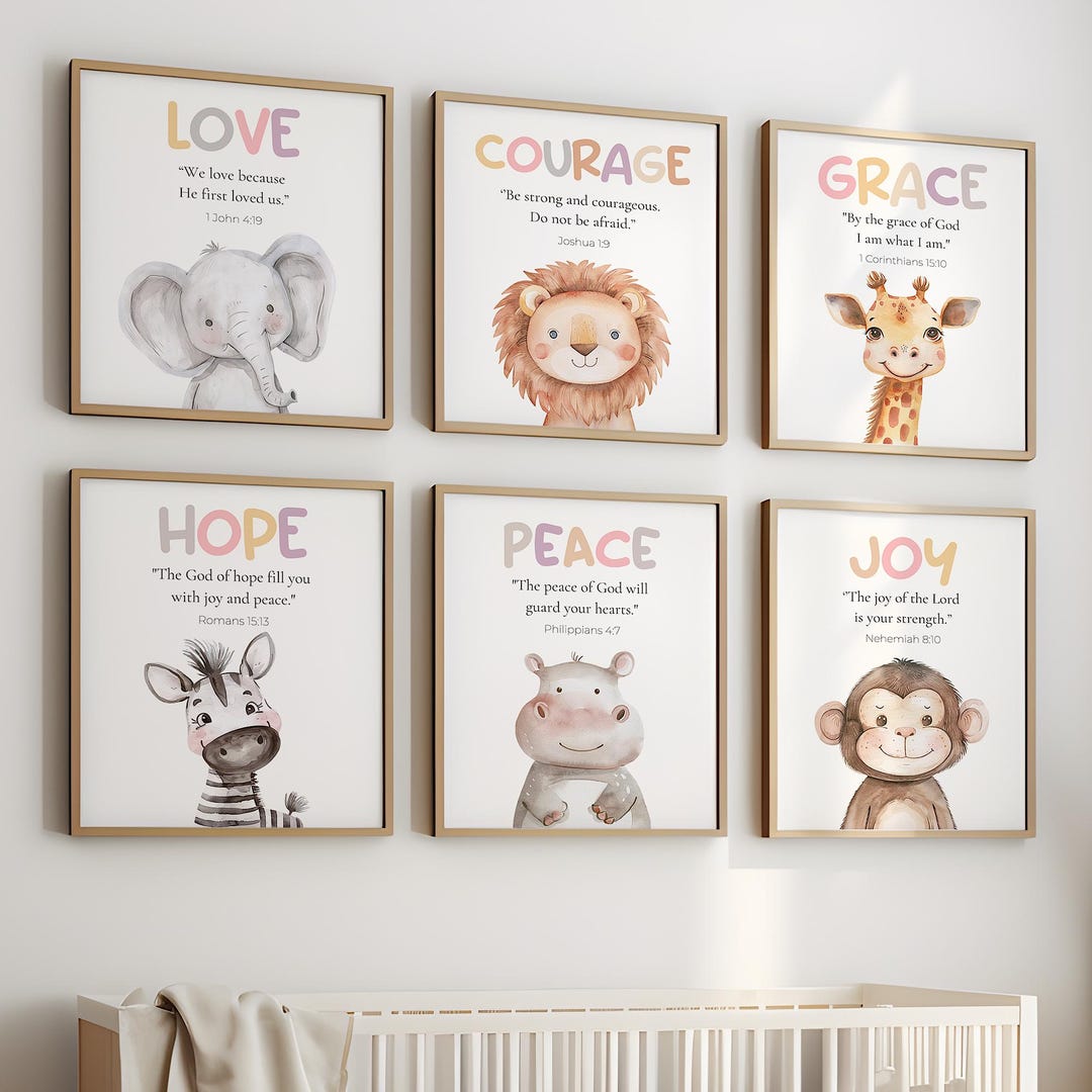 Set of 6 Safari Animal Bible Verse Print, Christian Nursery Decor ...