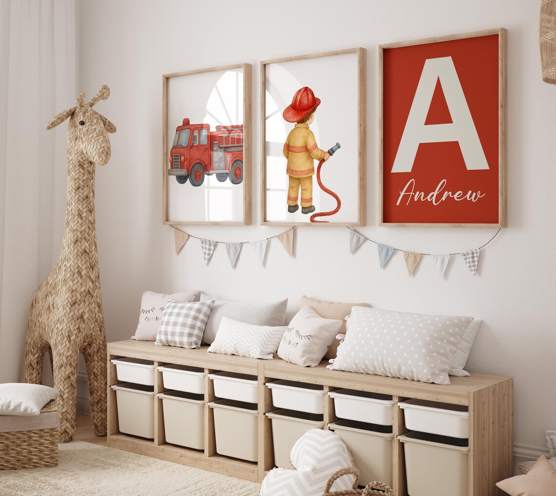 Fire Truck Wall Art, Firefighter Nursery Decor, Fireman Theme Bedroom ...