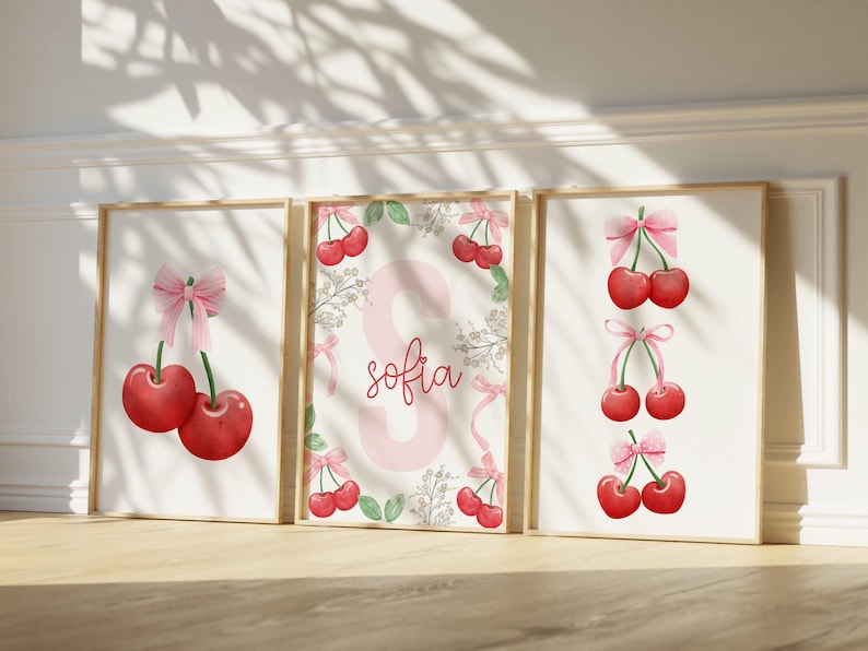 Cherry Wall Art Set for Girls Room, Cherry Prints, Cherry Nursery Decor ...