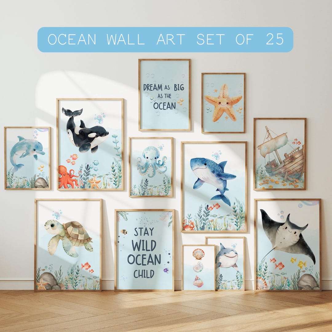 Under the Sea Nursery Wall Art Set of 25, Ocean Animals Nursery Print ...