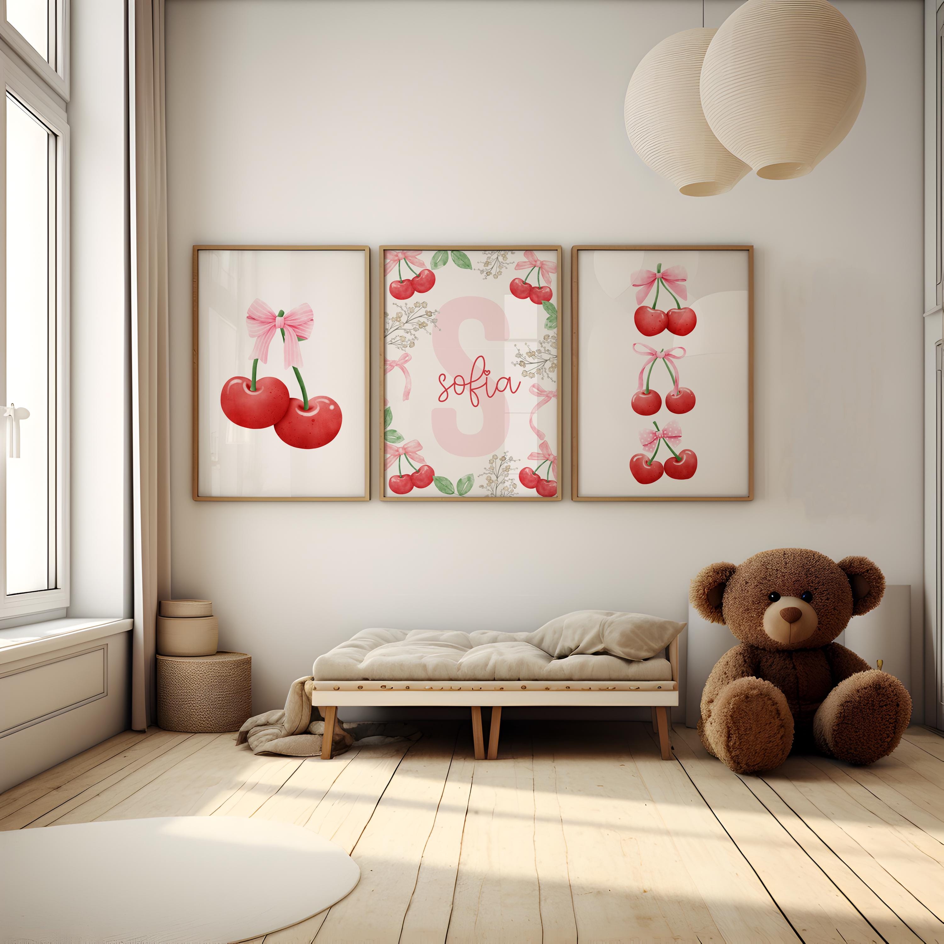 Cherry Wall Art Set for Girls Room, Cherry Prints, Cherry Nursery Decor ...