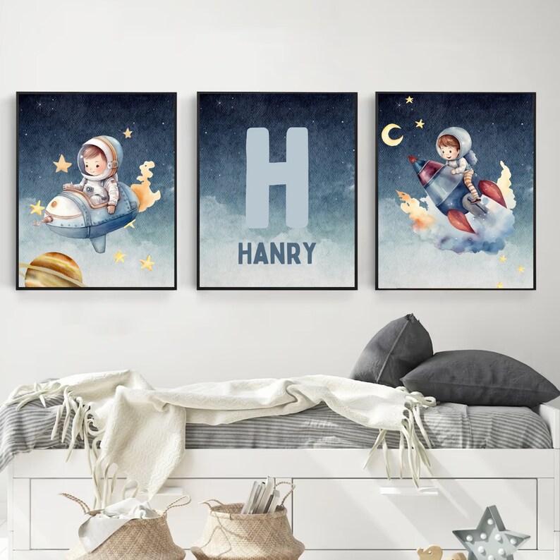 Personalized Space Wall Art Set, Astronaut Wall Art, Space Theme Wall ...