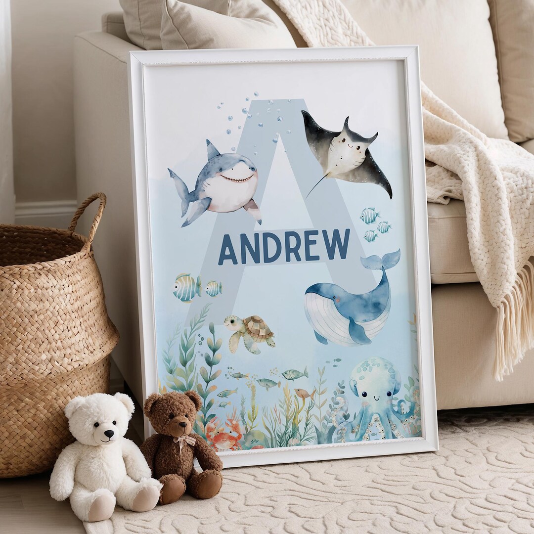 Ocean Themed Nursery Prints, Sea Animal Custom Baby Boy Name Print, Sea ...