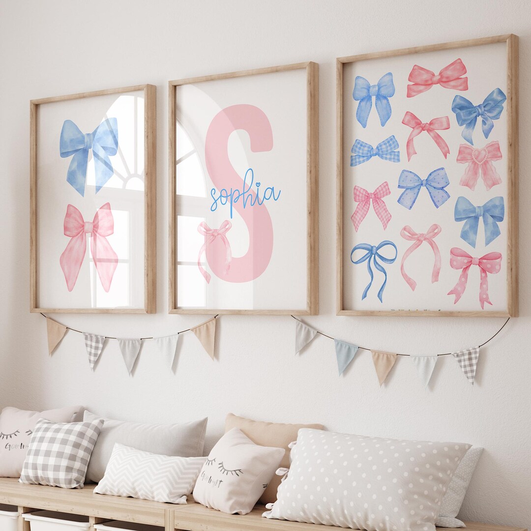 Pink Blue Bow Print, Bow Wall Art, Bows Nursery Decor, Pink Blue Bow ...