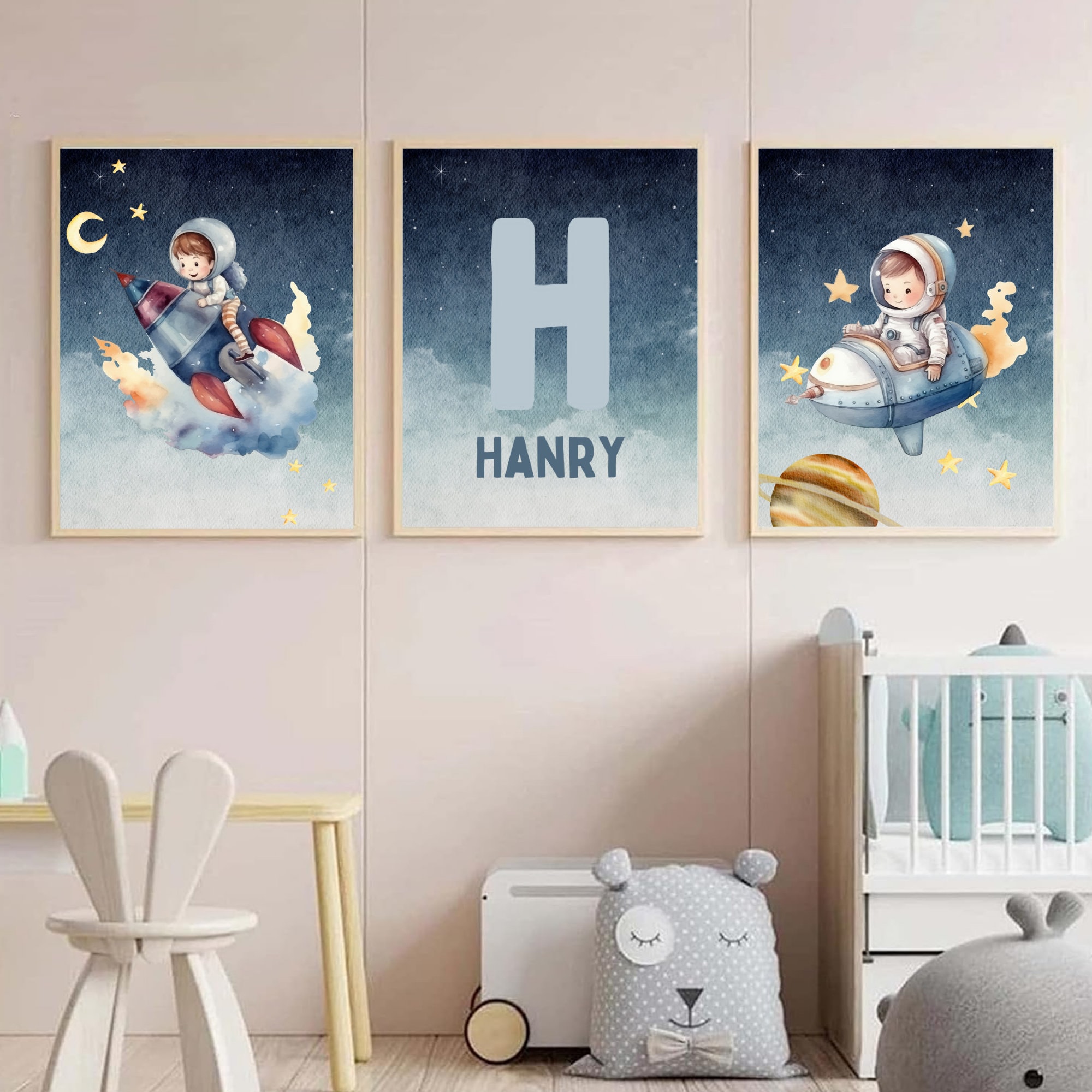 Personalized Space Wall Art Set, Astronaut Wall Art, Space Theme Wall ...