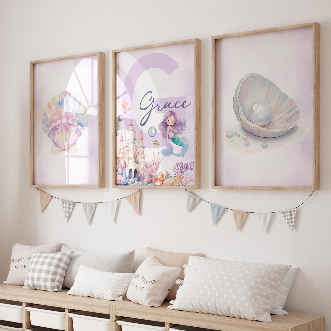 Mermaid Girls Bedroom Prints, Mermaid Prints, Seashell Prints, Mermaid ...