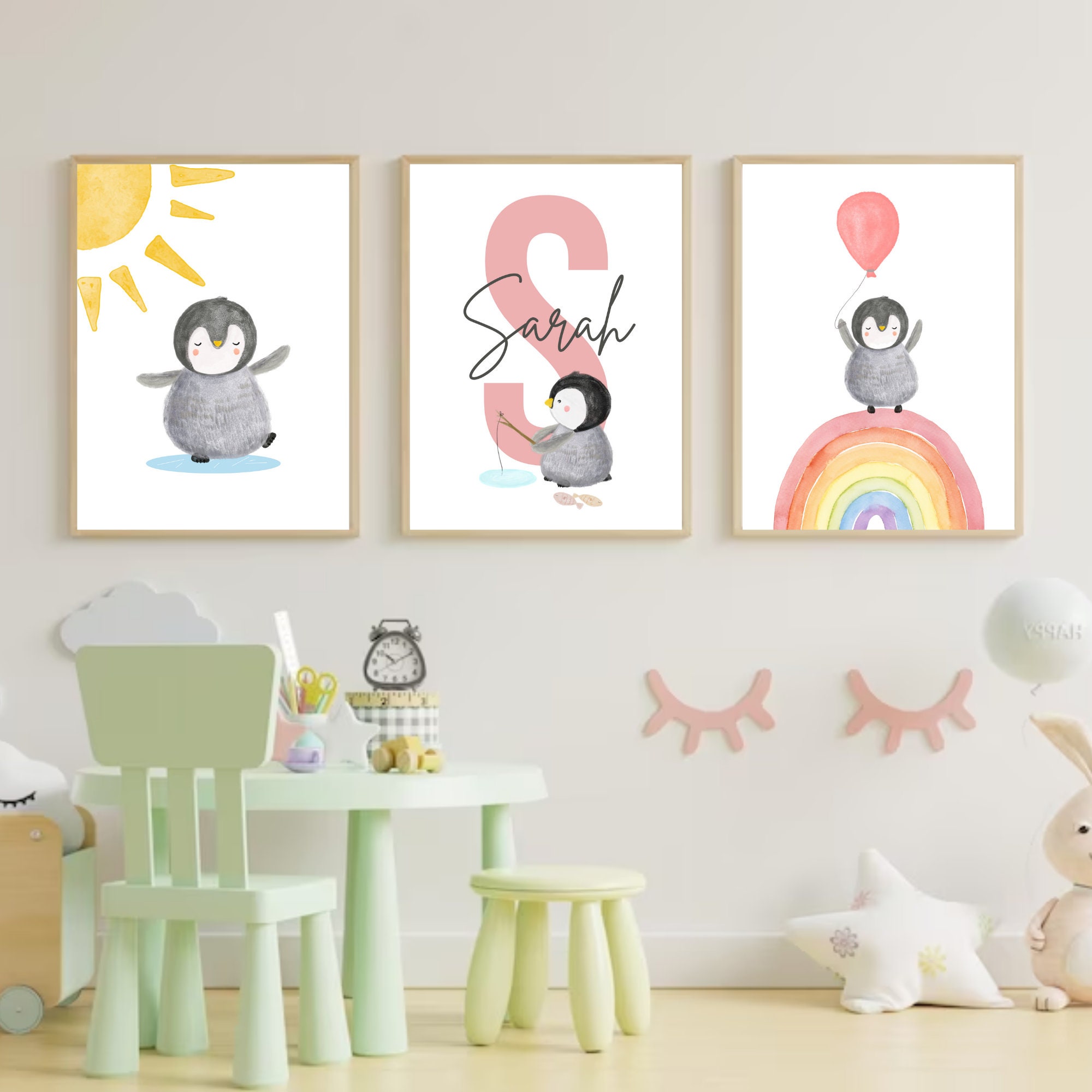 Personalized Penguin Nursery Print, Rainbow Baby Penguin Poster ...