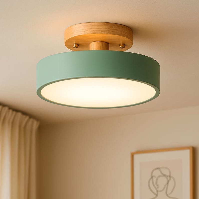 Nordic Flush Mount Ceiling Light 7 Inch Round Pink and Wood Lamp for ...