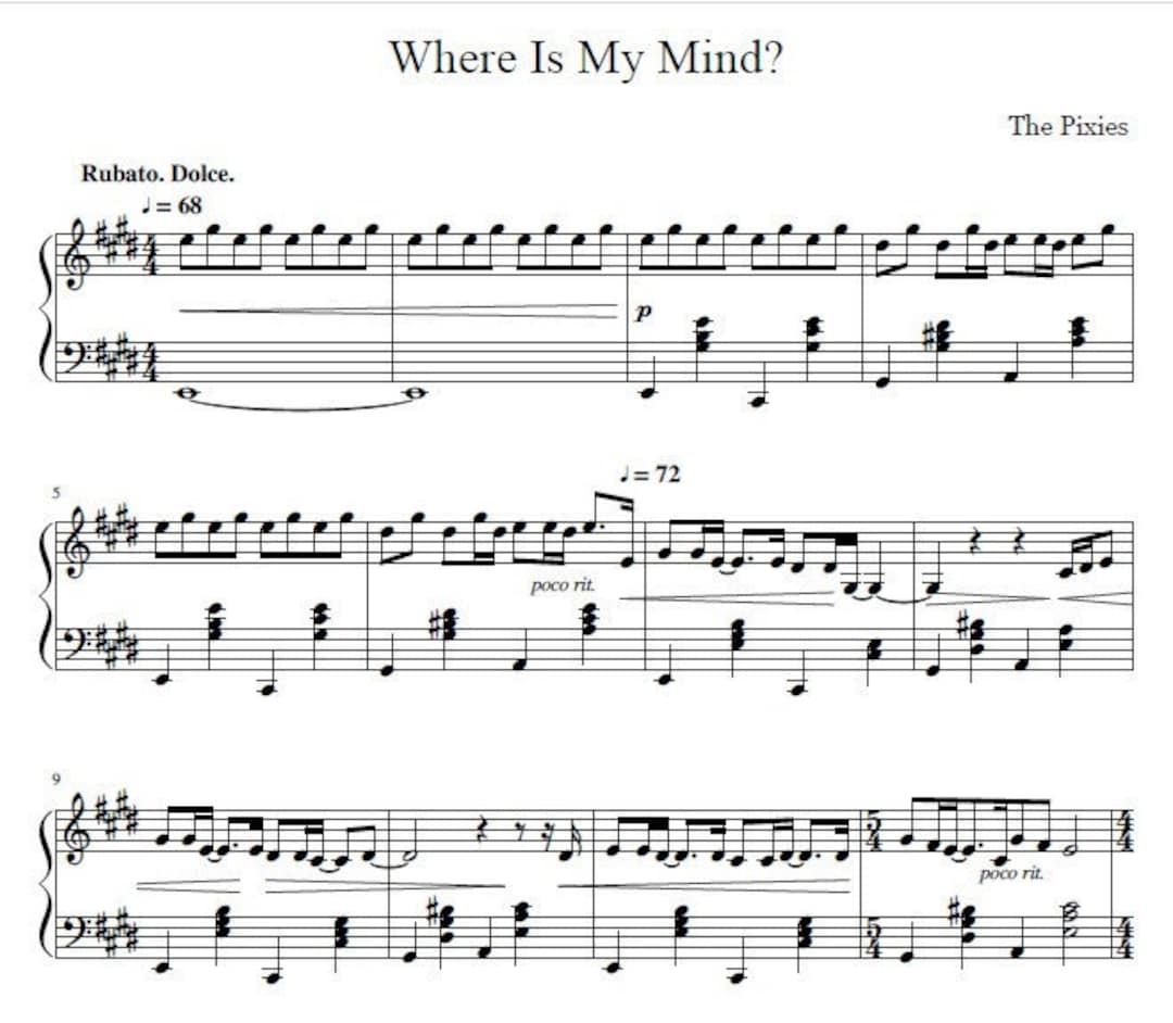 Where is My Mind - the Pixies, Digital Sheet Music, Piano Sheet Music ...
