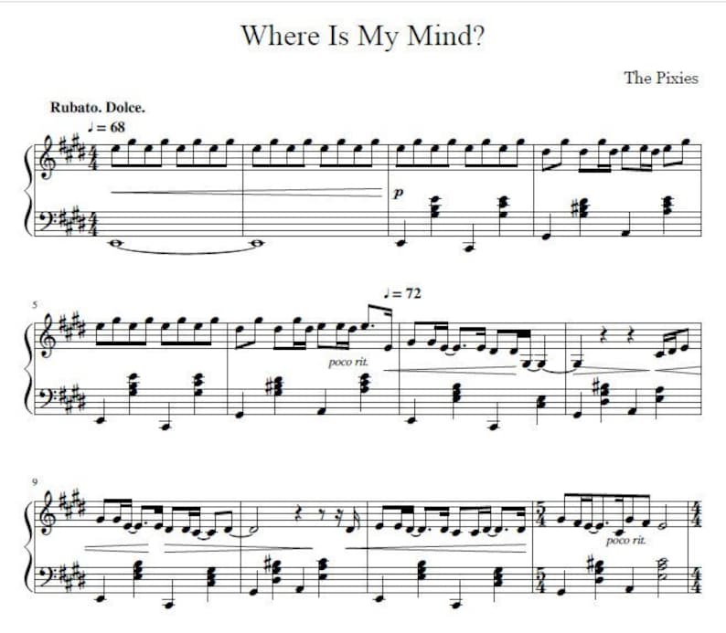 Where is My Mind - the Pixies, Digital Sheet Music, Piano Sheet Music ...