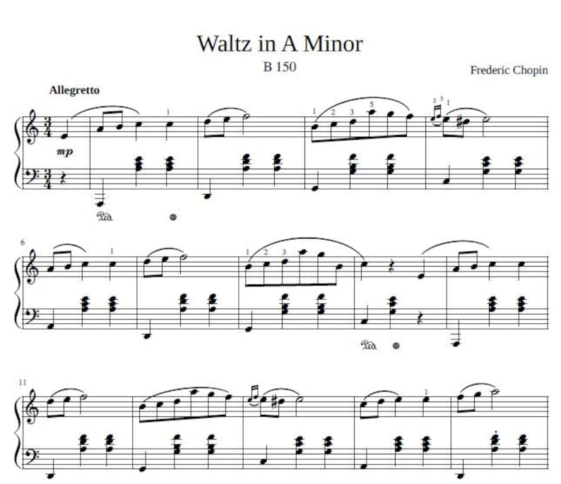 Chopin Waltz in A Minor Sheet Music: Intermediate Piano (PDF) - Etsy