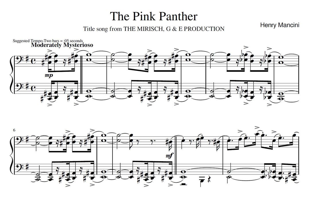The Pink Panther Theme - Piano Sheet Music (digital Download) - Etsy