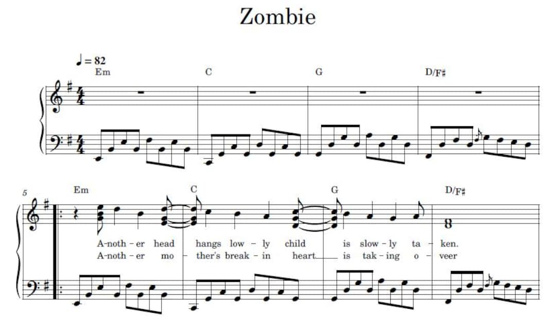 Zombie by the Cranberries - Digital Sheet Music | Printable PDF | Easy ...