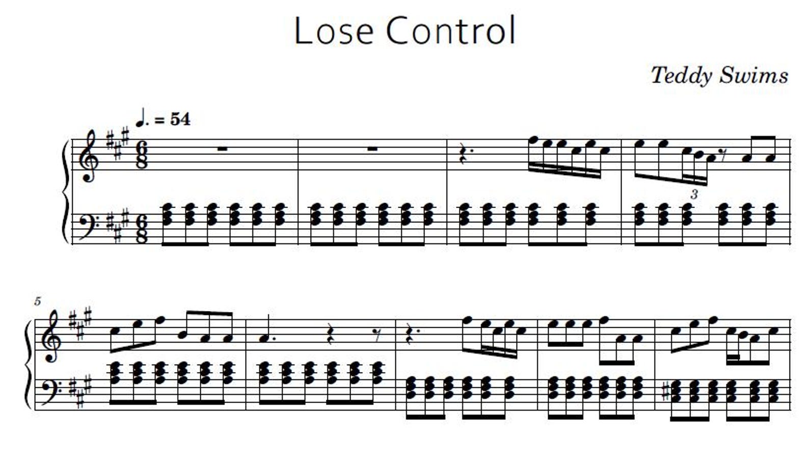 Lose Control - Teddy Swims: Easy Piano Sheet Music (printable PDF) - Etsy