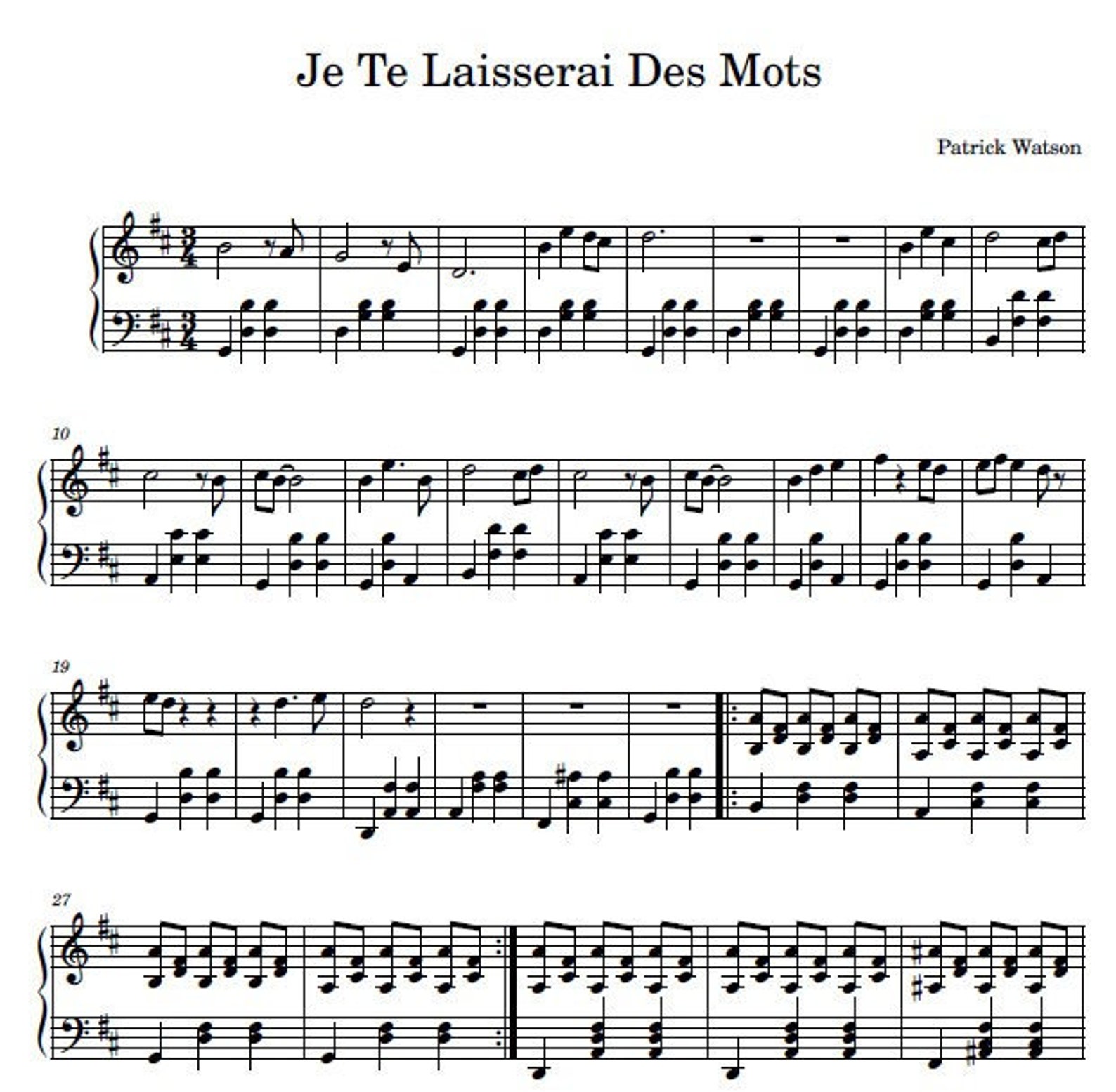 Je Te Laisserai Des Mots - Digital Sheet Music, Piano Sheet Music Digital Download, Printable ...