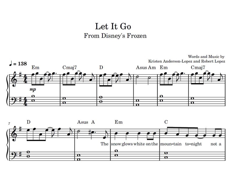 Let It Go - Piano Sheet Music, Instant Digital Download, Frozen - Etsy