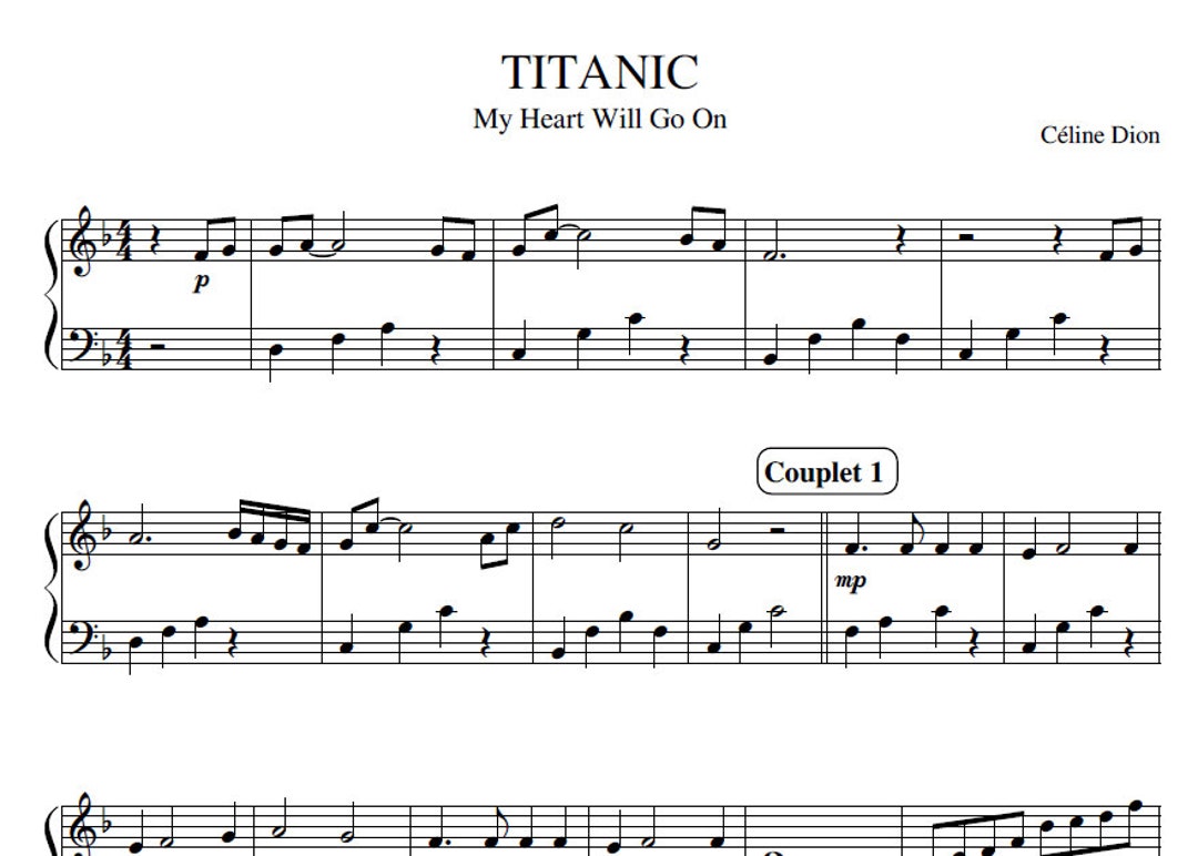 My Heart Will Go on - Celin Dion From "titanic", Digital Download, Piano Sheet Music, Easy Piano ...