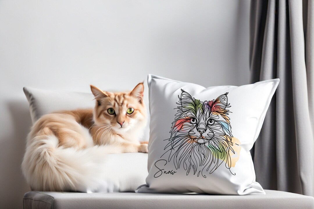 Pillowcase Personalized With Cat as One-line Drawing With Watercolor ...