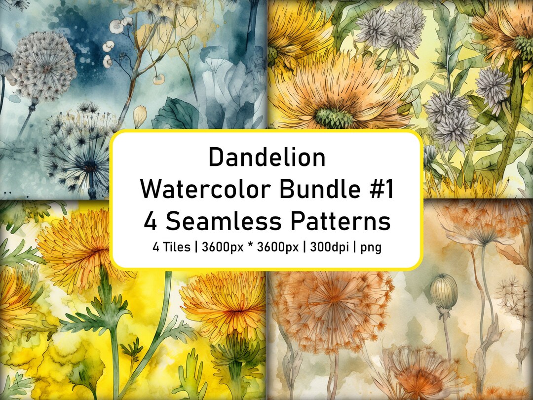 Dandelion Flower Watercolor Digital Paper Pattern Bundle 1, 4 Seamless ...