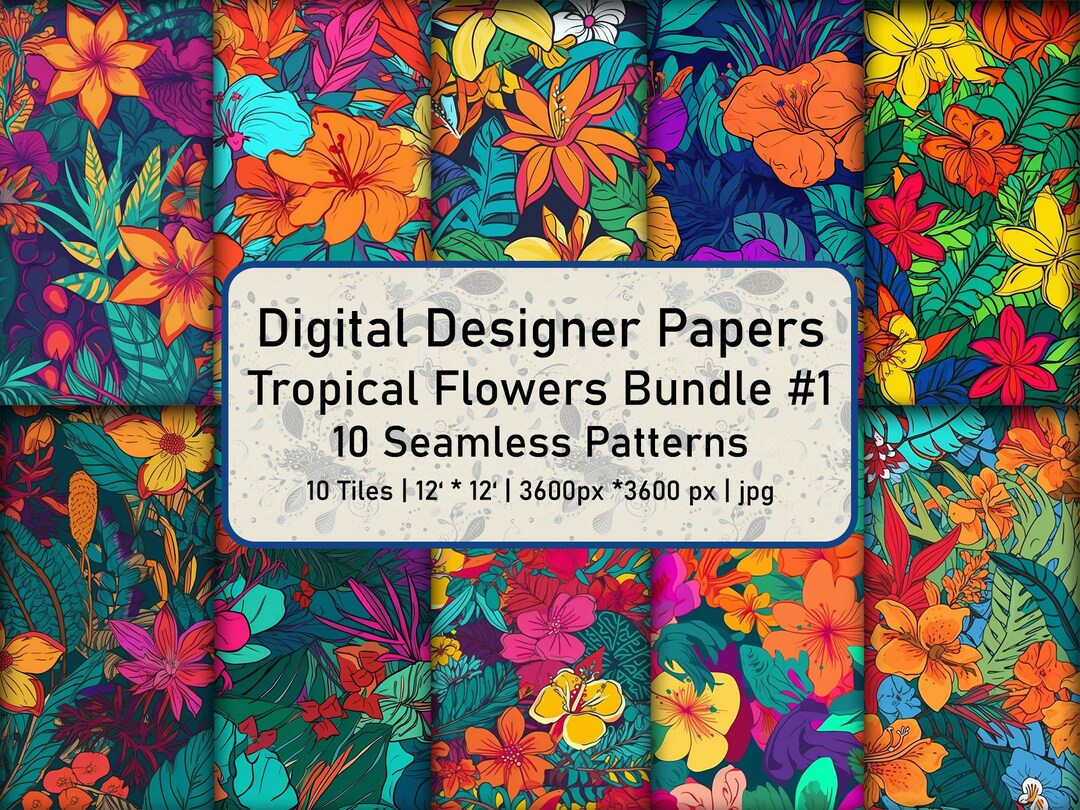 Tropical Flower Digital Paper Pattern Pack 1, 10 Seamless Square Tiles ...