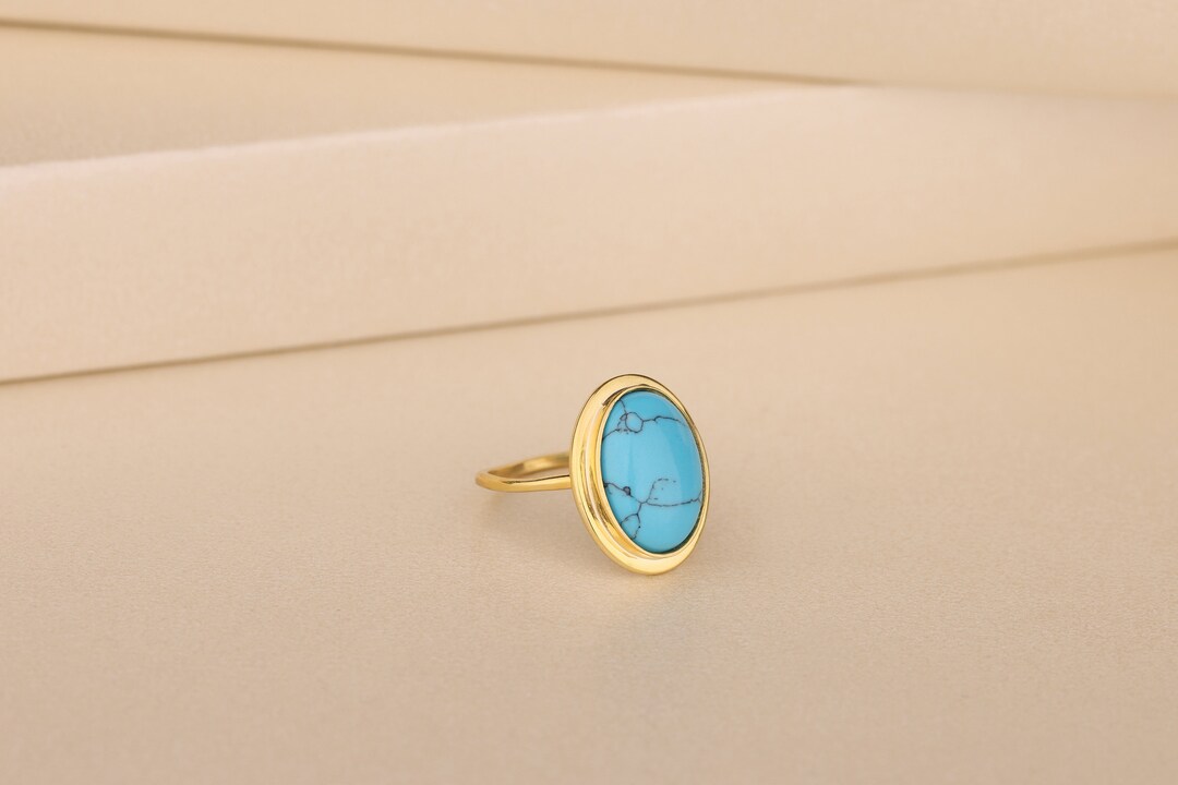 Turquoise 14K Solid Gold Ring to Women, Elegant Gold Gemstone Ring, Statement Ring to Girlfriend ...