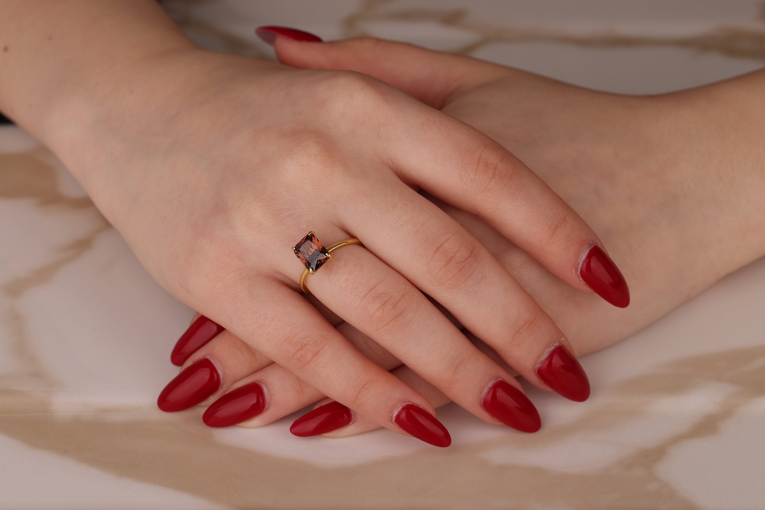 Dainty Brown Gold Ring, Baguette Solid Gold Ring, Modern Solitaire Ring ...