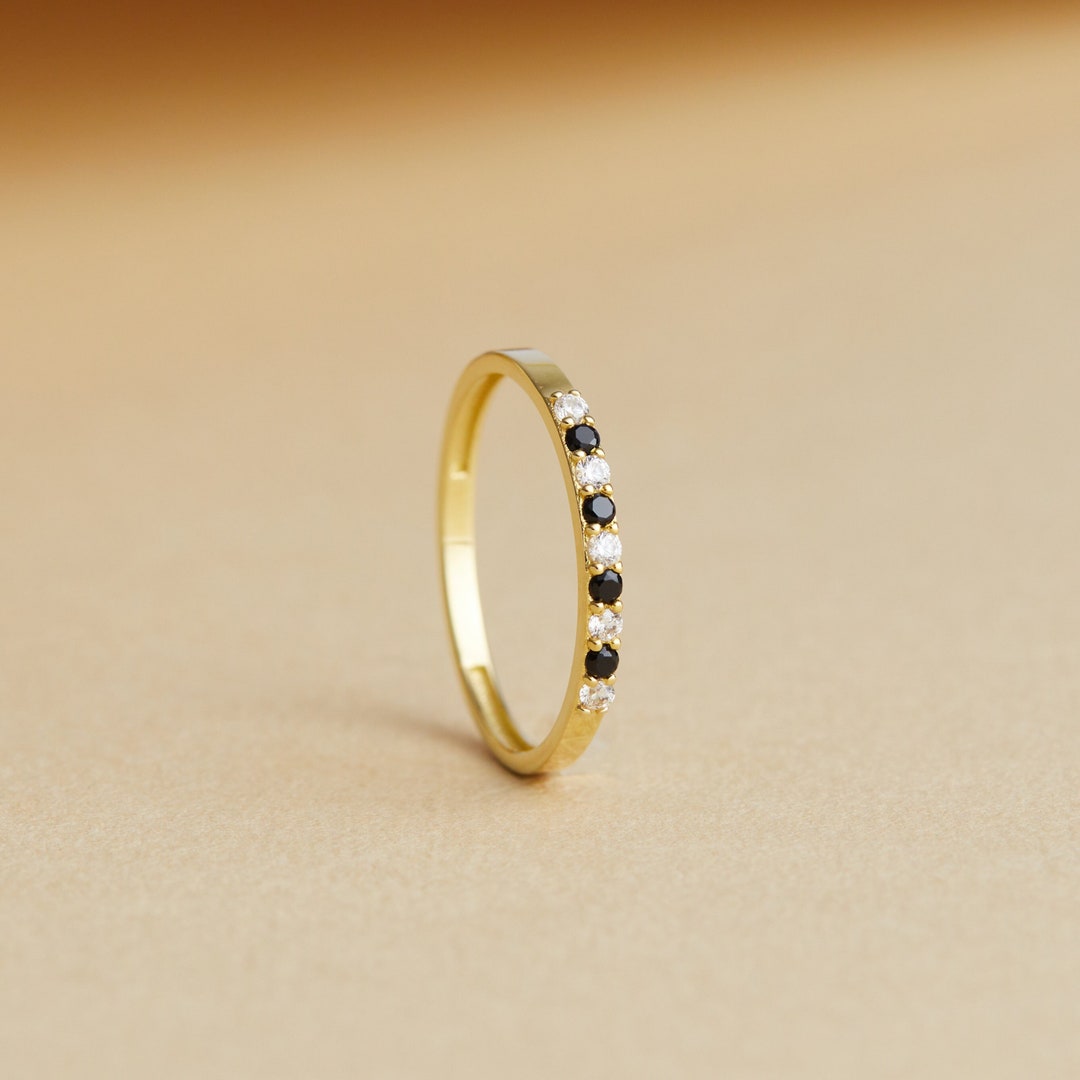 Black and White 9 Stone Band Ring Women, Dainty Stackable Ring in 14K ...