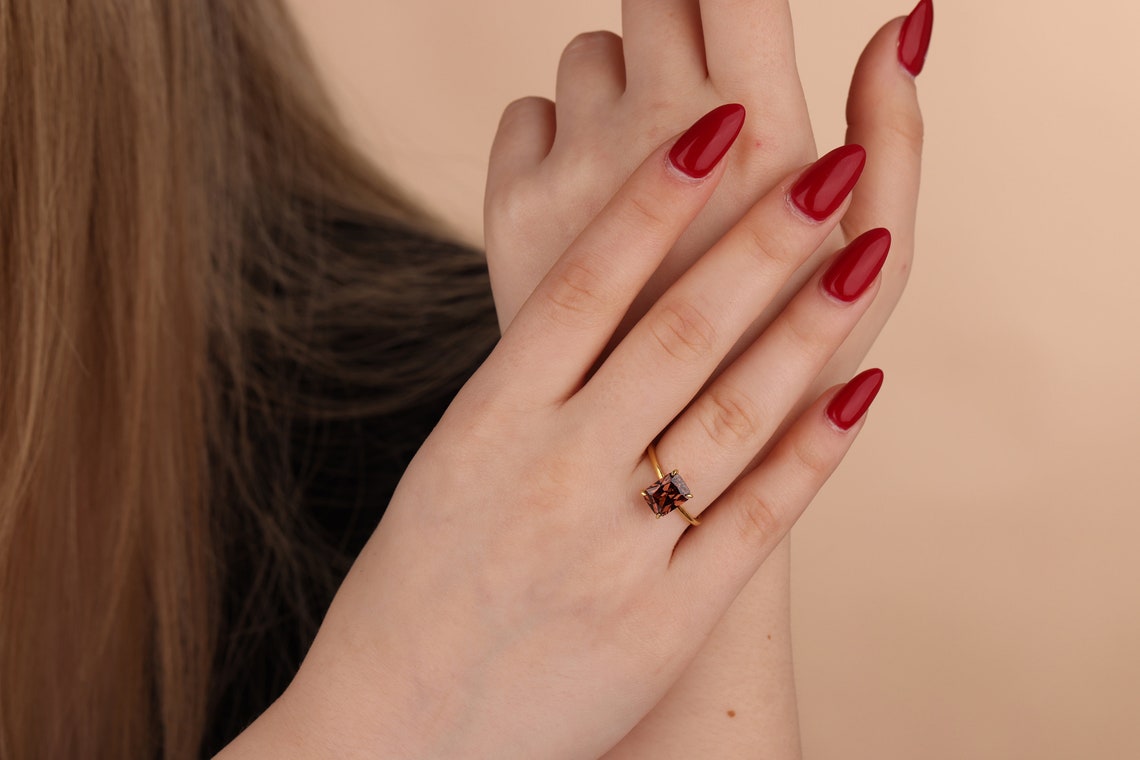 Dainty Brown Gold Ring, Baguette Solid Gold Ring, Modern Solitaire Ring ...