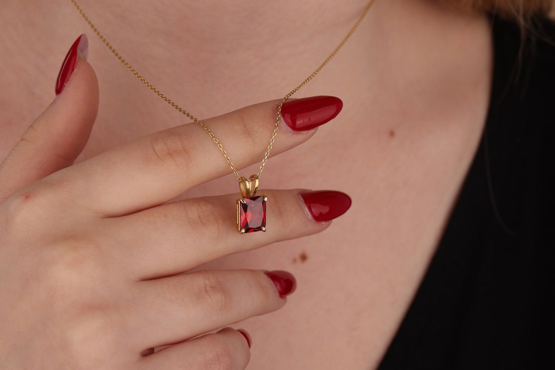 Minimalistic Garnet Necklace, Red Stone Pendant, Intricate Silver Gold ...