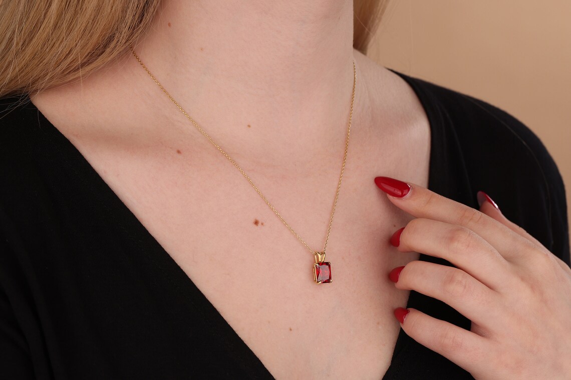 Minimalistic Garnet Necklace, Red Stone Pendant, Intricate Silver Gold ...