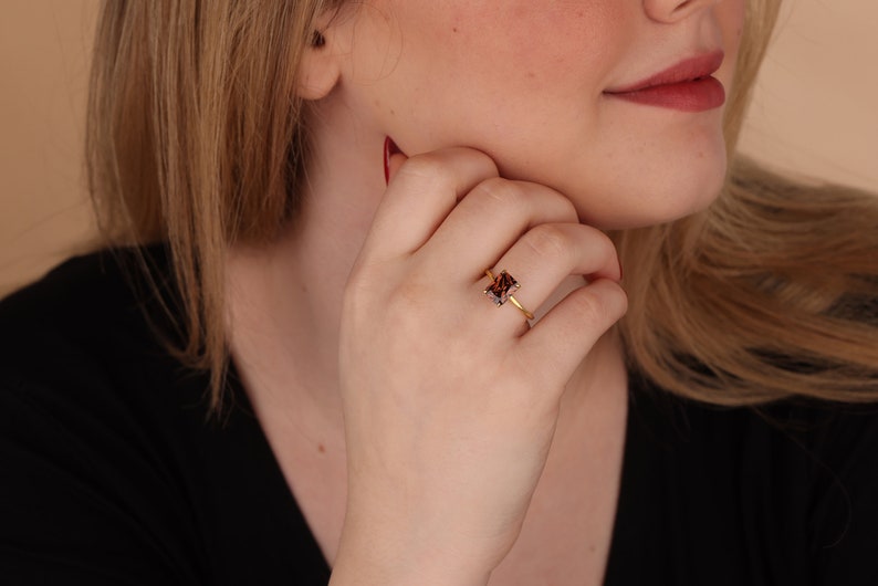 Dainty Brown Gold Ring, Baguette Solid Gold Ring, Modern Solitaire Ring ...