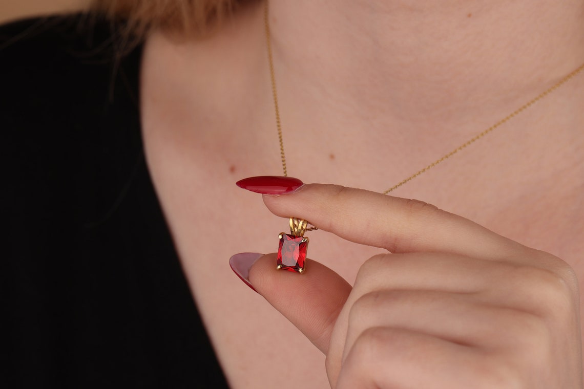 Minimalistic Garnet Necklace, Red Stone Pendant, Intricate Silver Gold ...