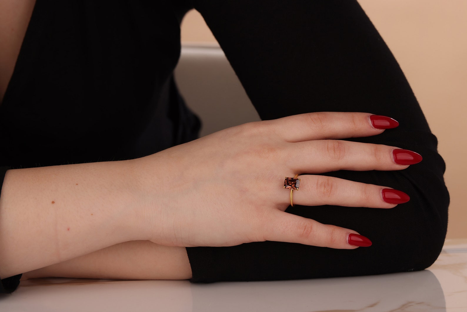 Dainty Brown Gold Ring, Baguette Solid Gold Ring, Modern Solitaire Ring ...