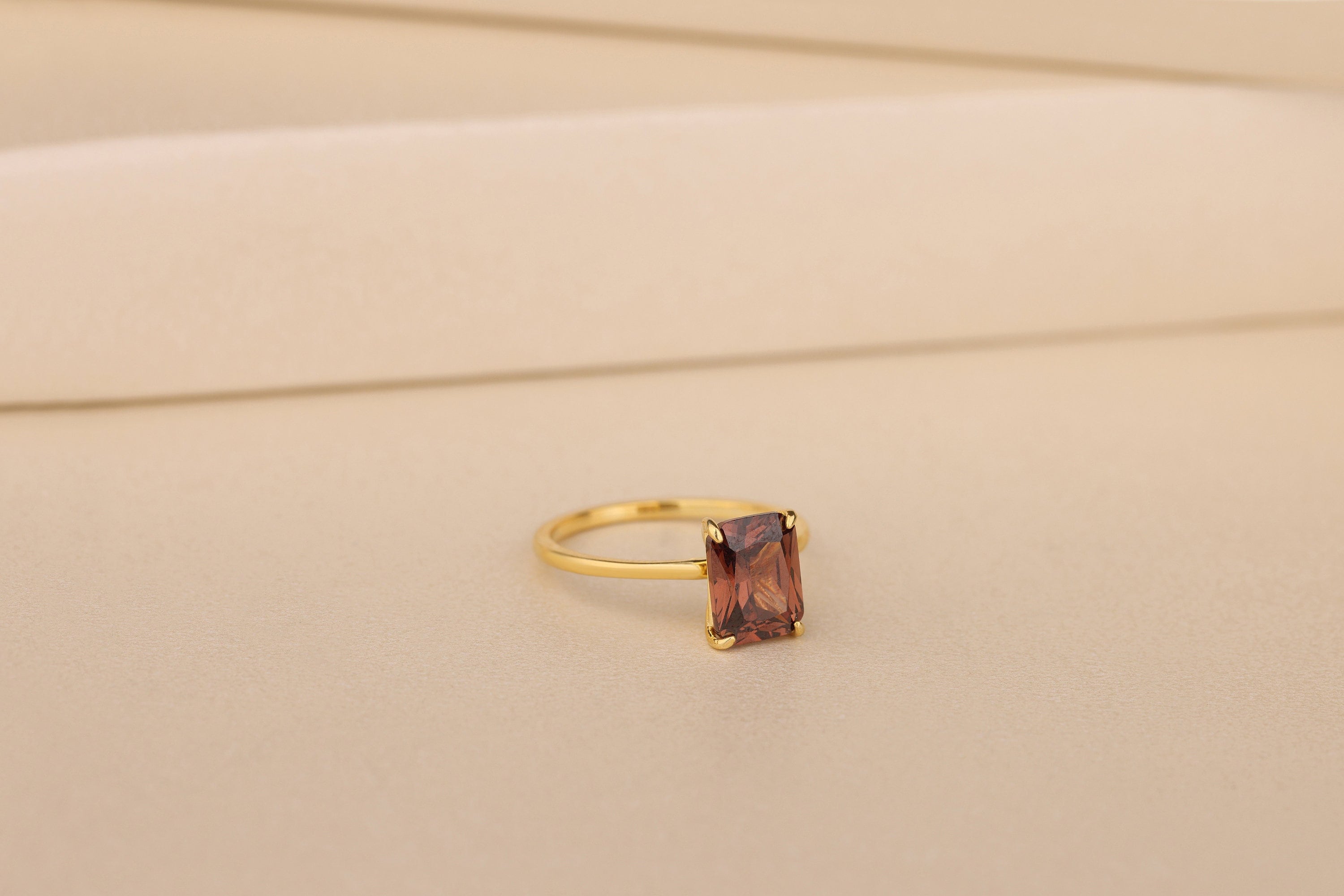 Dainty Brown Gold Ring, Baguette Solid Gold Ring, Modern Solitaire Ring ...